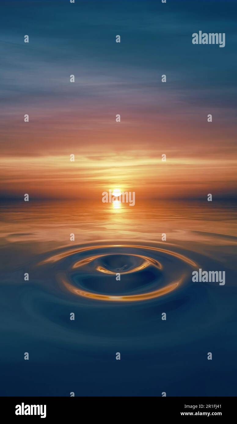 Sunlight and threatening sky reflected on circular undulations in water ...