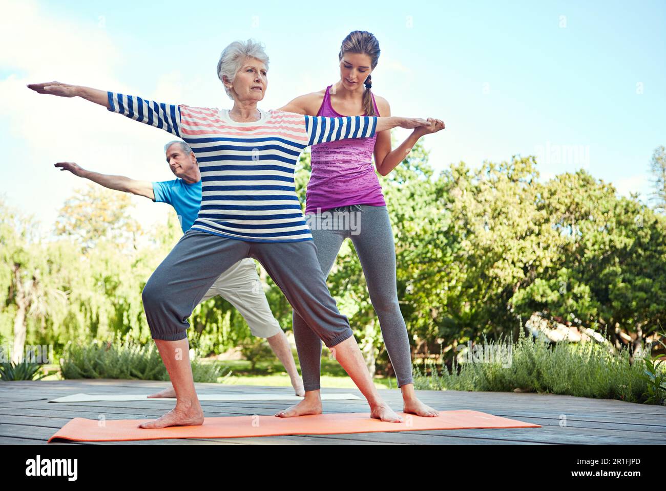 Nature, elderly people and yoga coach, woman or personal trainer ...