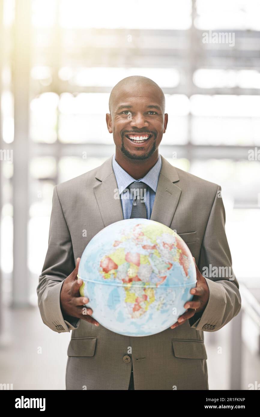 Professional black man, globe and global business, smile in portrait ...