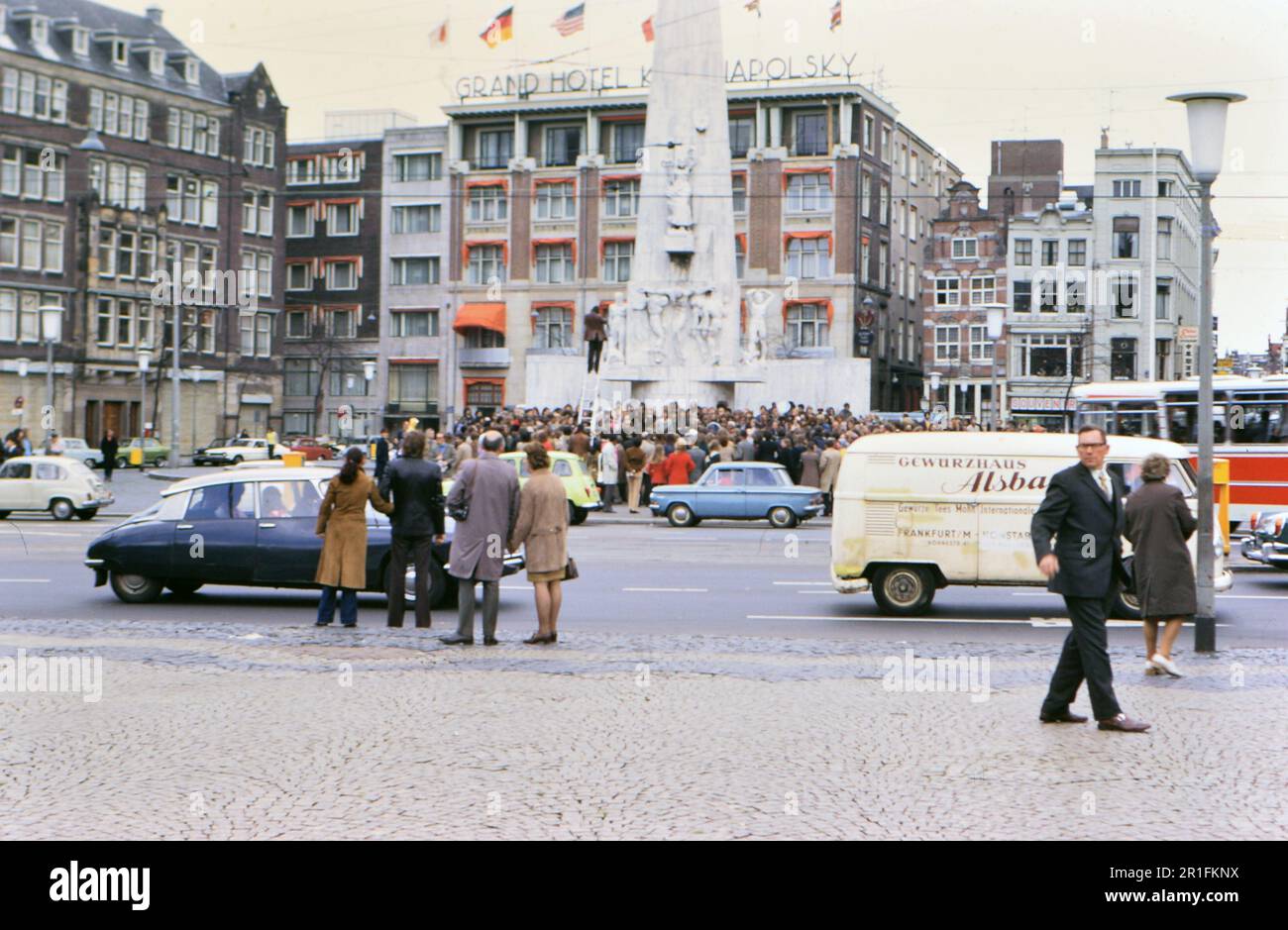 Crowd in front of the Grand Hotel Krasnapolsky in Amsterdam, Netherlands ca. 1973 Stock Photo ...