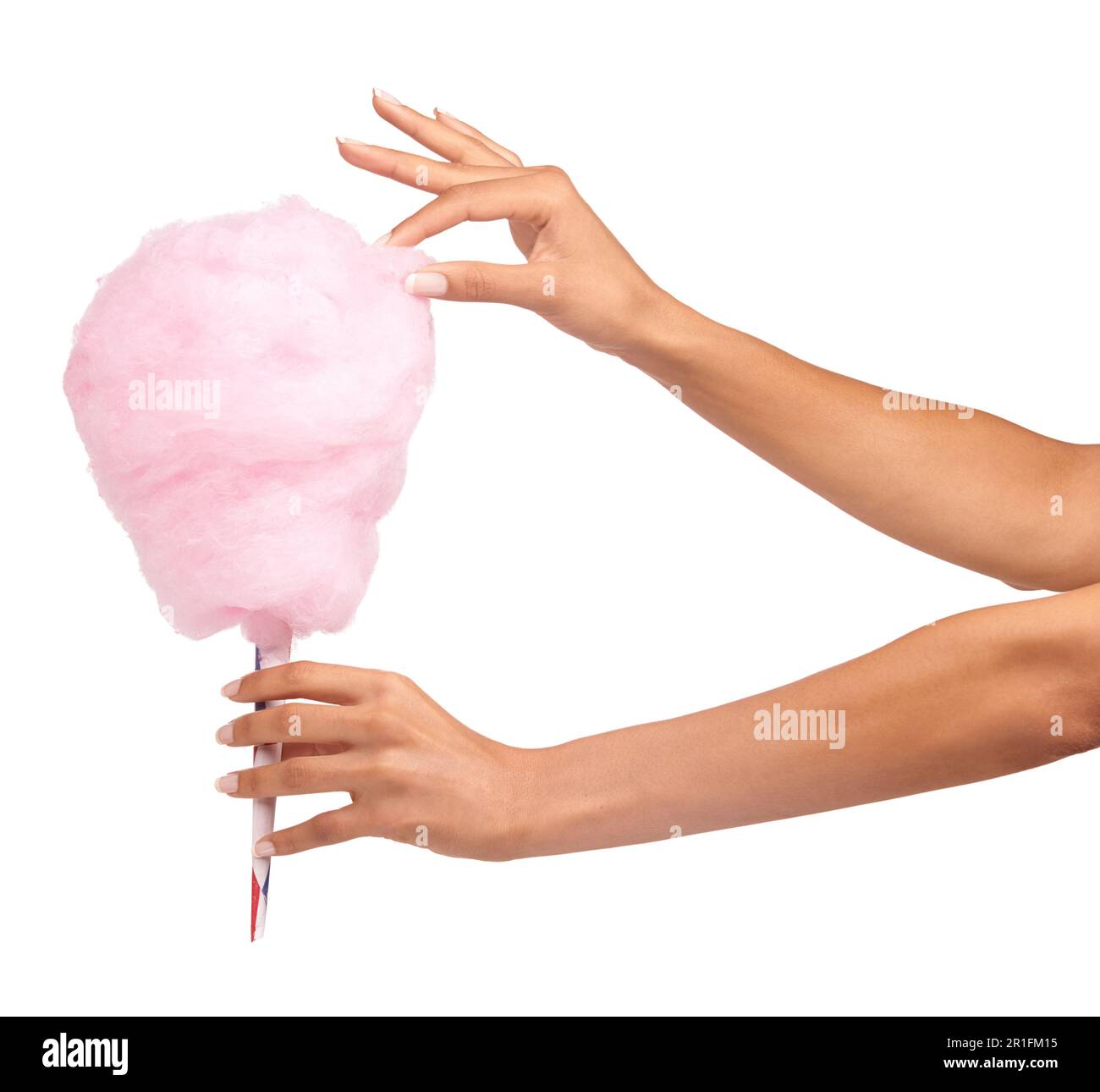 Cotton candy, closeup and woman hands isolated on a white background ...