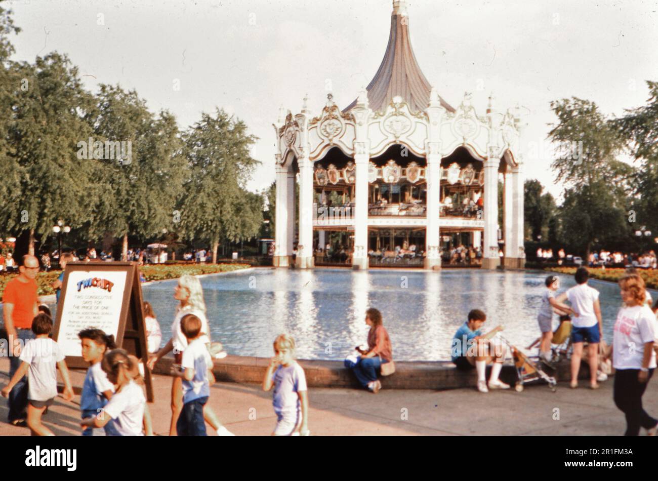 Crowd at Great America theme park in Gurnee, Illinois (r) ca. 1985 ...