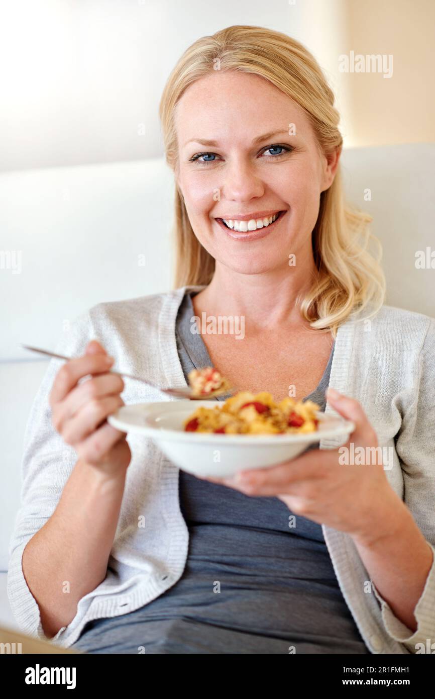 Happy woman, portrait smile and cereal for breakfast, morning meal or ...