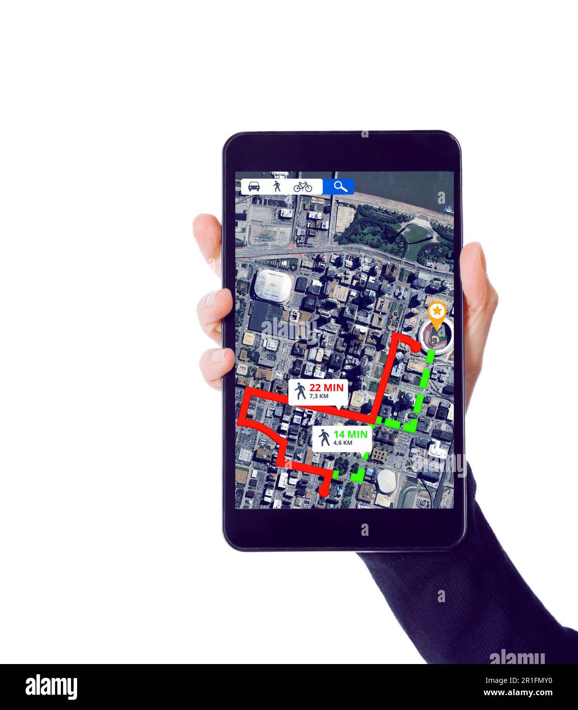Hands with tablet, screen or direction of location for city travel on ...
