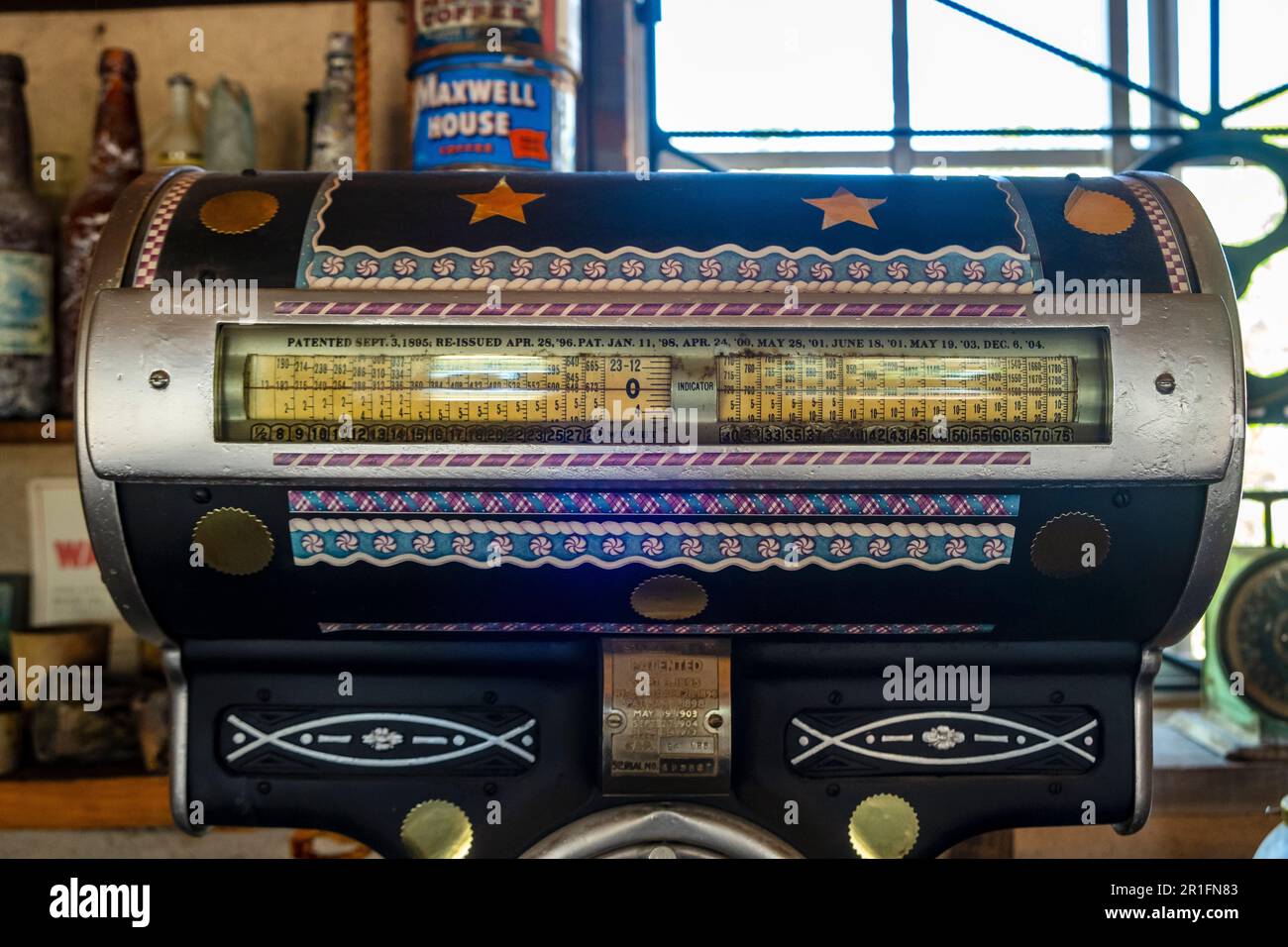 Elaborate designs on an antique scale at the Turquoise Mining Museum in ...