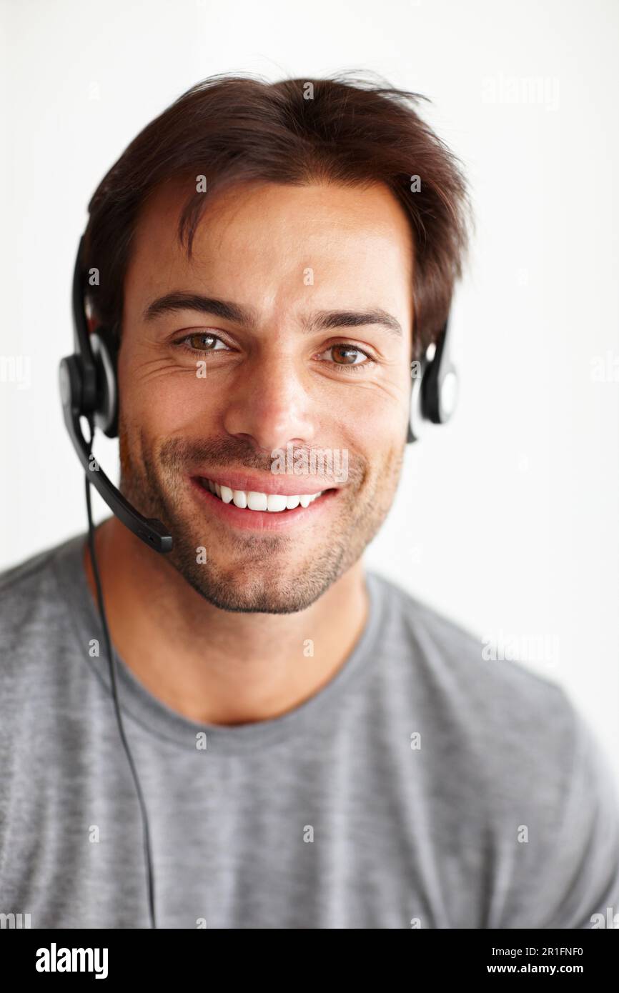 Portrait, call center and consultant man isolated on white background ...