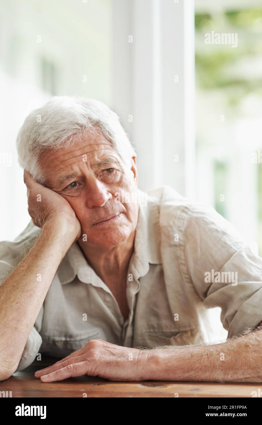 Senior man, lonely and thinking of depression, anxiety and stress of ...