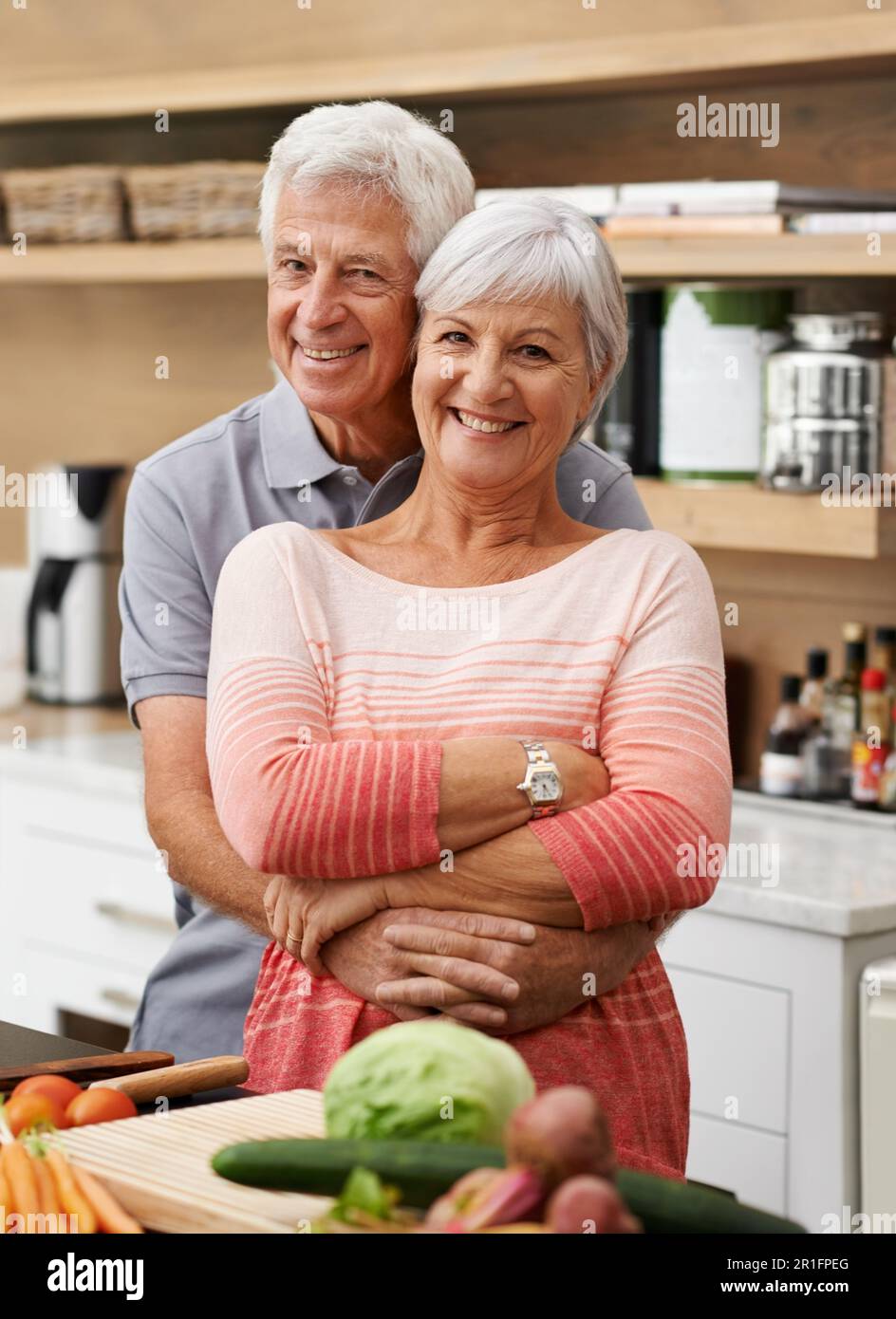 Cooking, love and portrait of old couple in kitchen for salad, health ...