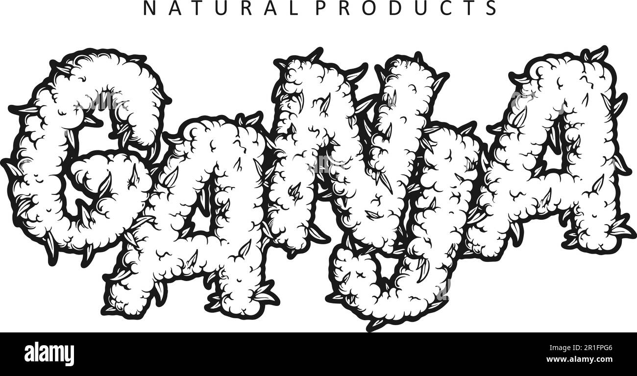 Melting word ganja lettering cannabis leaf ornament logo monochrome ...