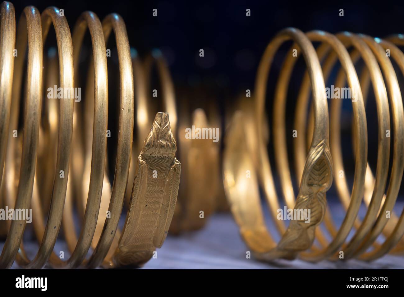 Bucharest, Romania. 13th May, 2023: Dacian gold bracelets, solid gold, on display in the ...