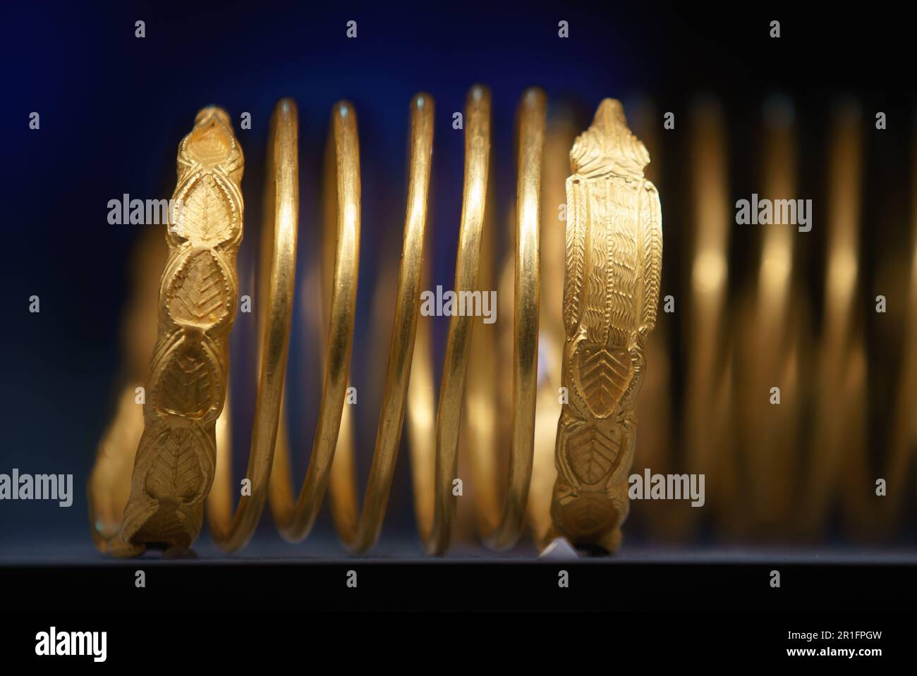 Bucharest, Romania. 13th May, 2023: Dacian gold bracelets, solid gold, on display in the ...