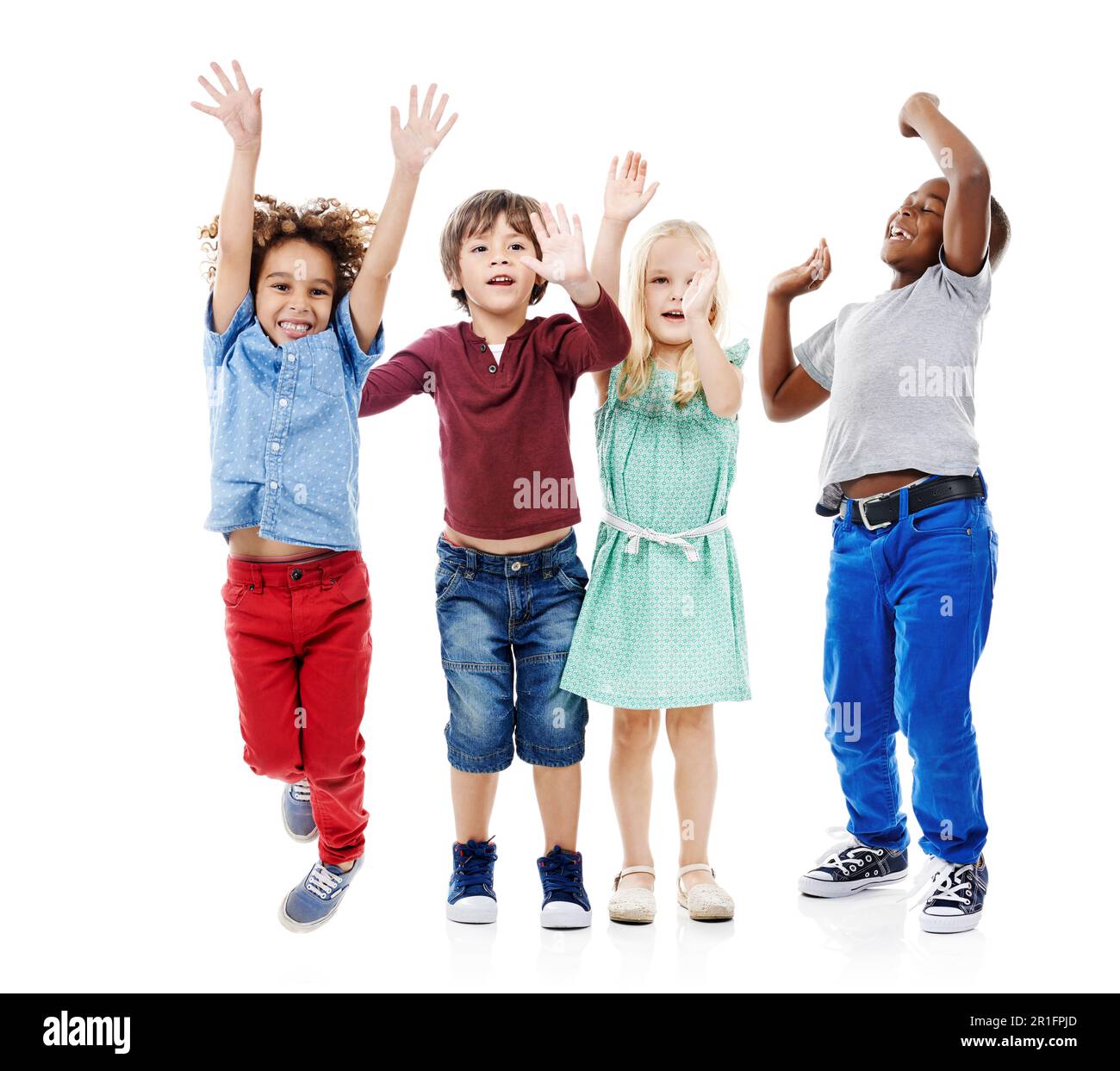 Joy, jumping and portrait of children in studio for diversity, friends ...