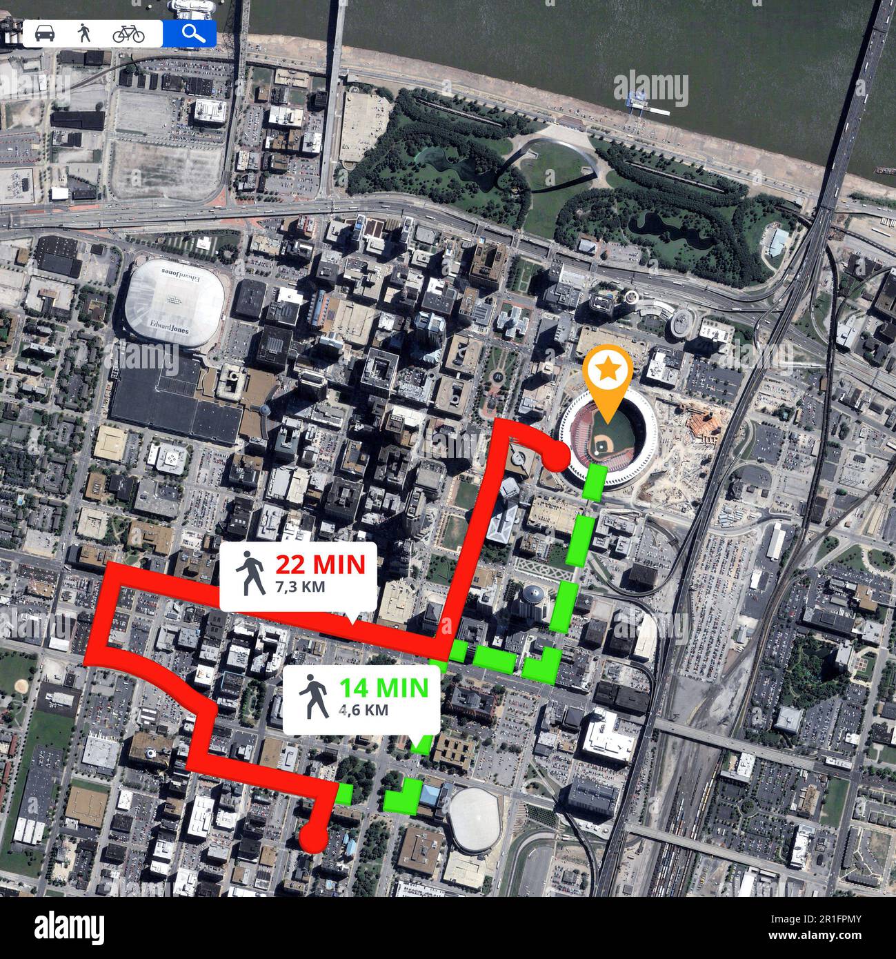 Satellite map, direction and location pin with travel information and ...