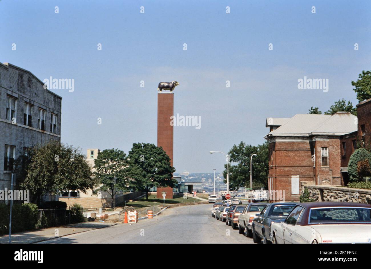 Big fiberglass bull on a pylon in Kansas City Missouri in front of the ...