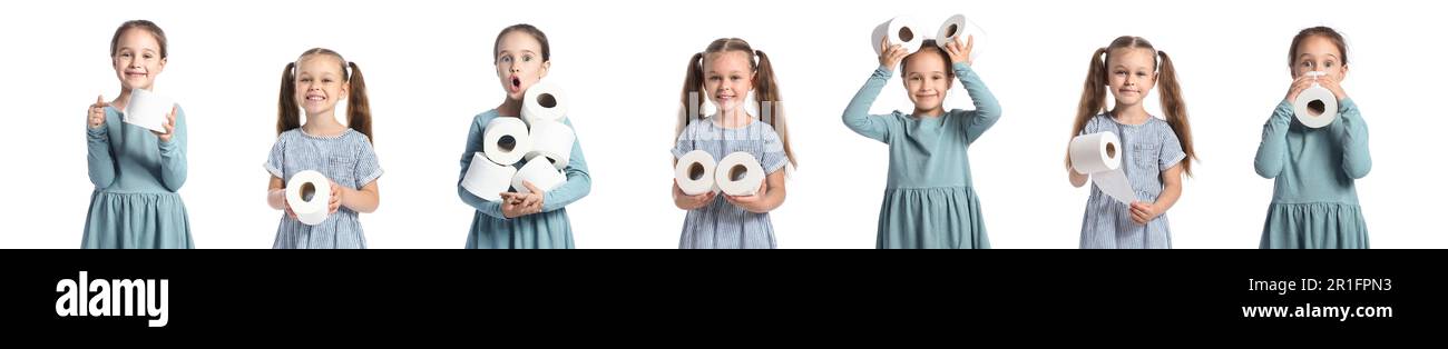 Set of little girl with rolls of toilet paper on white background Stock ...