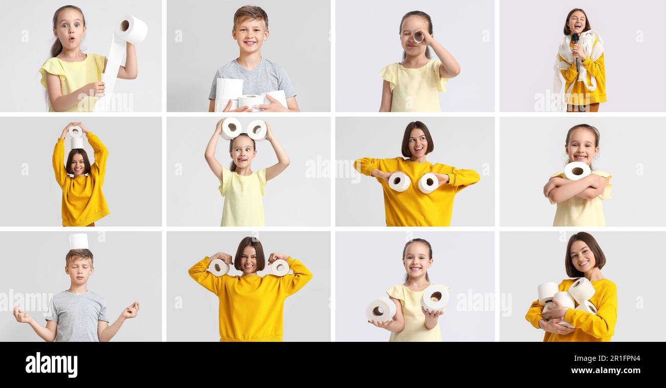 Set of people with toilet paper on light background Stock Photo - Alamy