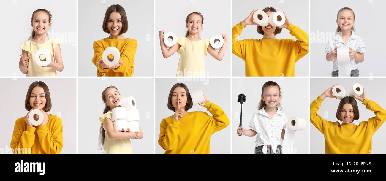 Set of people with rolls of toilet paper on light background Stock ...