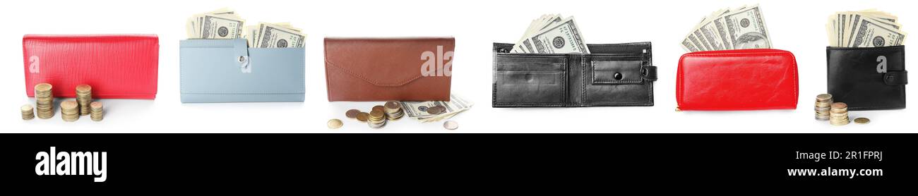 Set of wallets with money on white background Stock Photo - Alamy