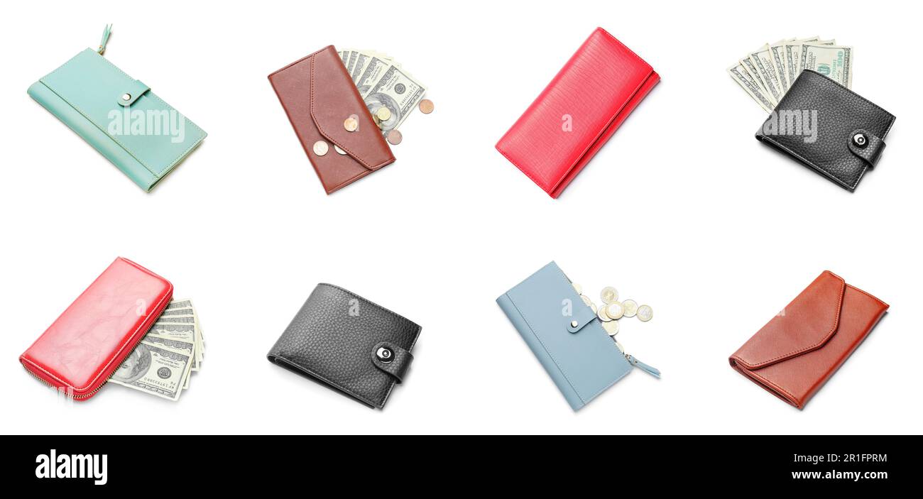 Set of wallets with money on white background Stock Photo - Alamy