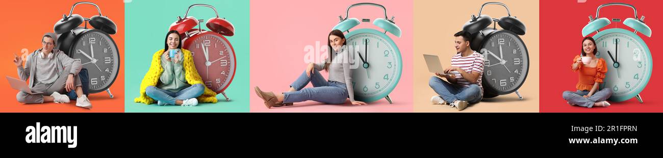 Collage with different people and big alarm clocks on color background ...