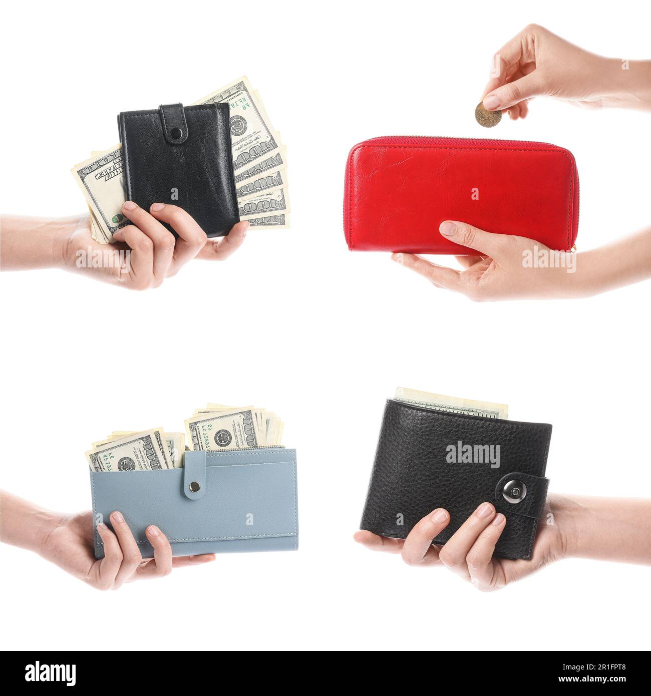 Set of hands holding wallets with money on white background Stock Photo ...
