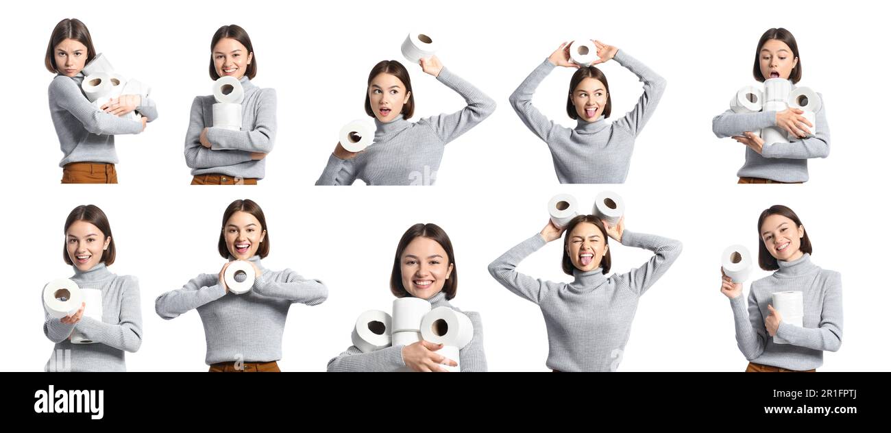 Set of young woman with toilet paper on white background Stock Photo ...