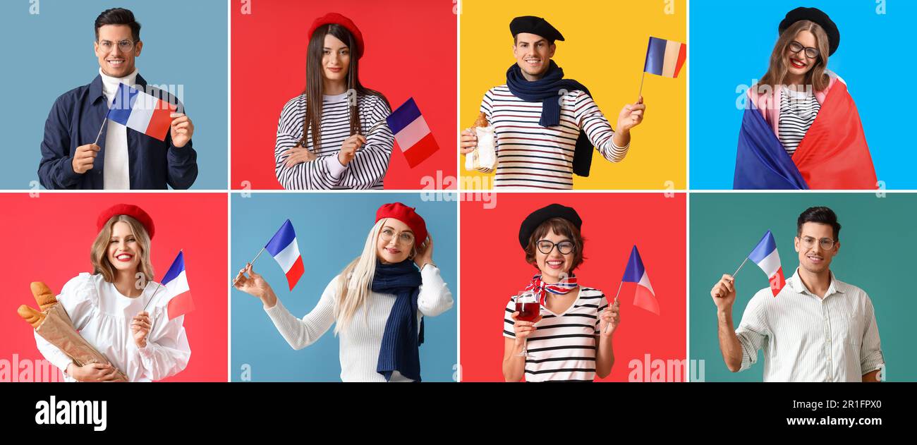Many people with flags of France on colorful background Stock Photo - Alamy