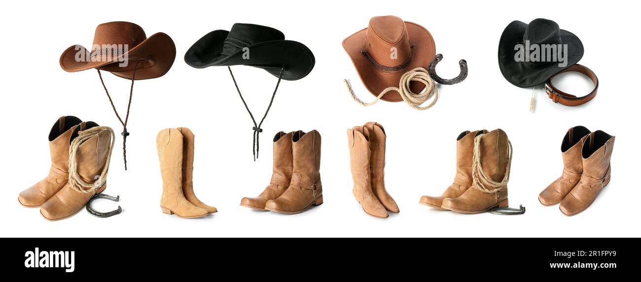 Set of cowboy hats, boots and accessories on white background Stock ...