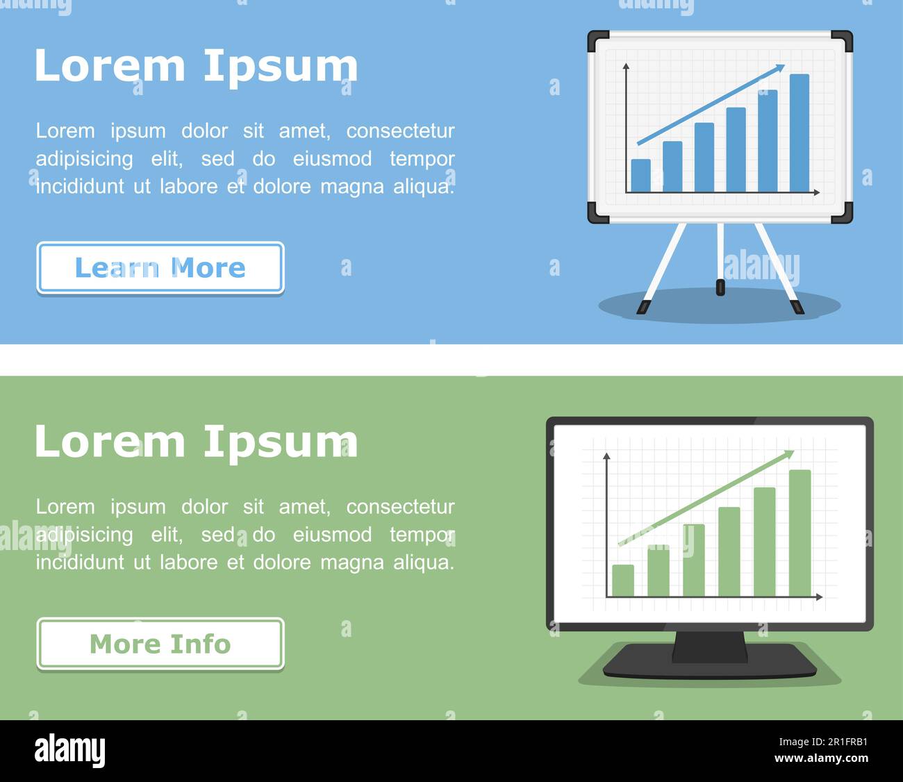 Flat banners with graphs on whiteboard and on on the screen of computer ...