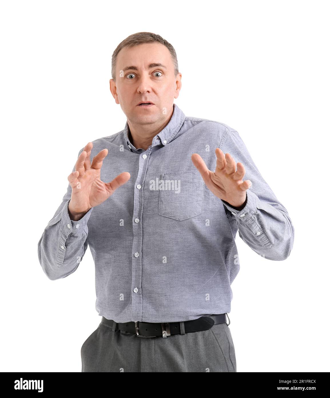 Scared mature man on white background Stock Photo - Alamy