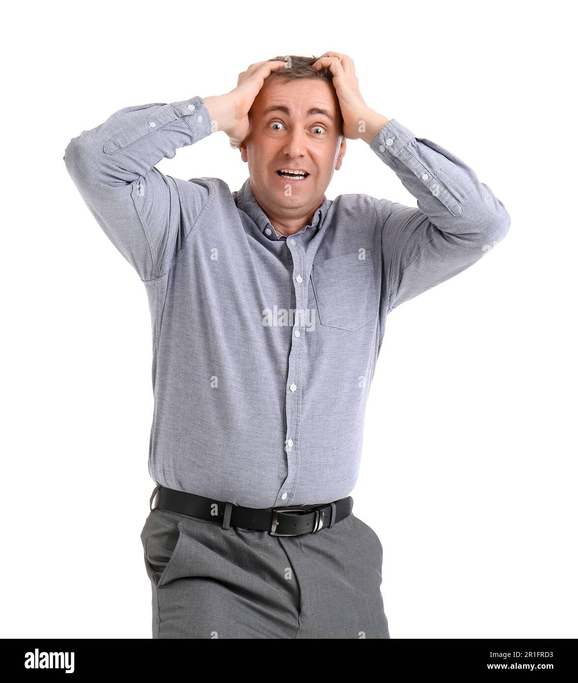 Scared mature man on white background Stock Photo - Alamy