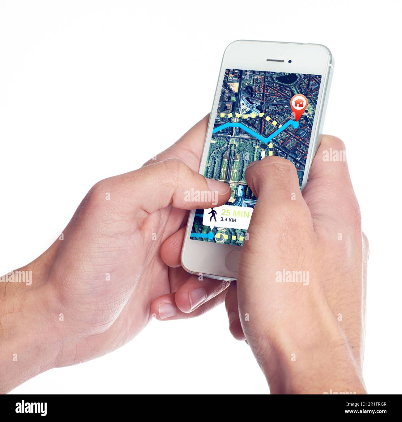 Hands, smartphone and satellite map with location pin, direction and ...