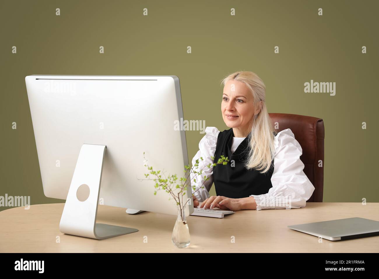 Mature female programmer working with computer at table on green ...