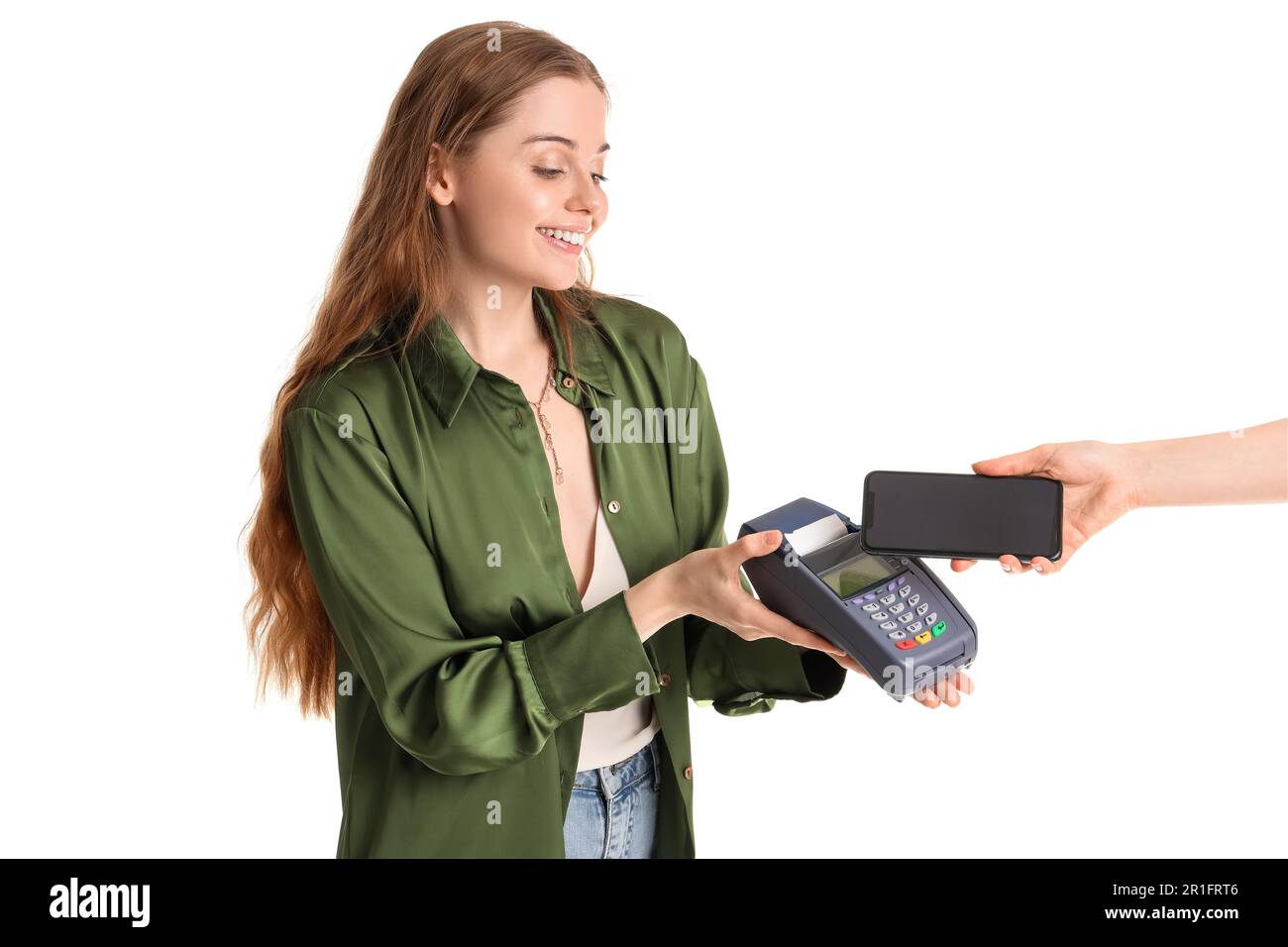 Female seller taking payment from customer on white background Stock Photo - Alamy