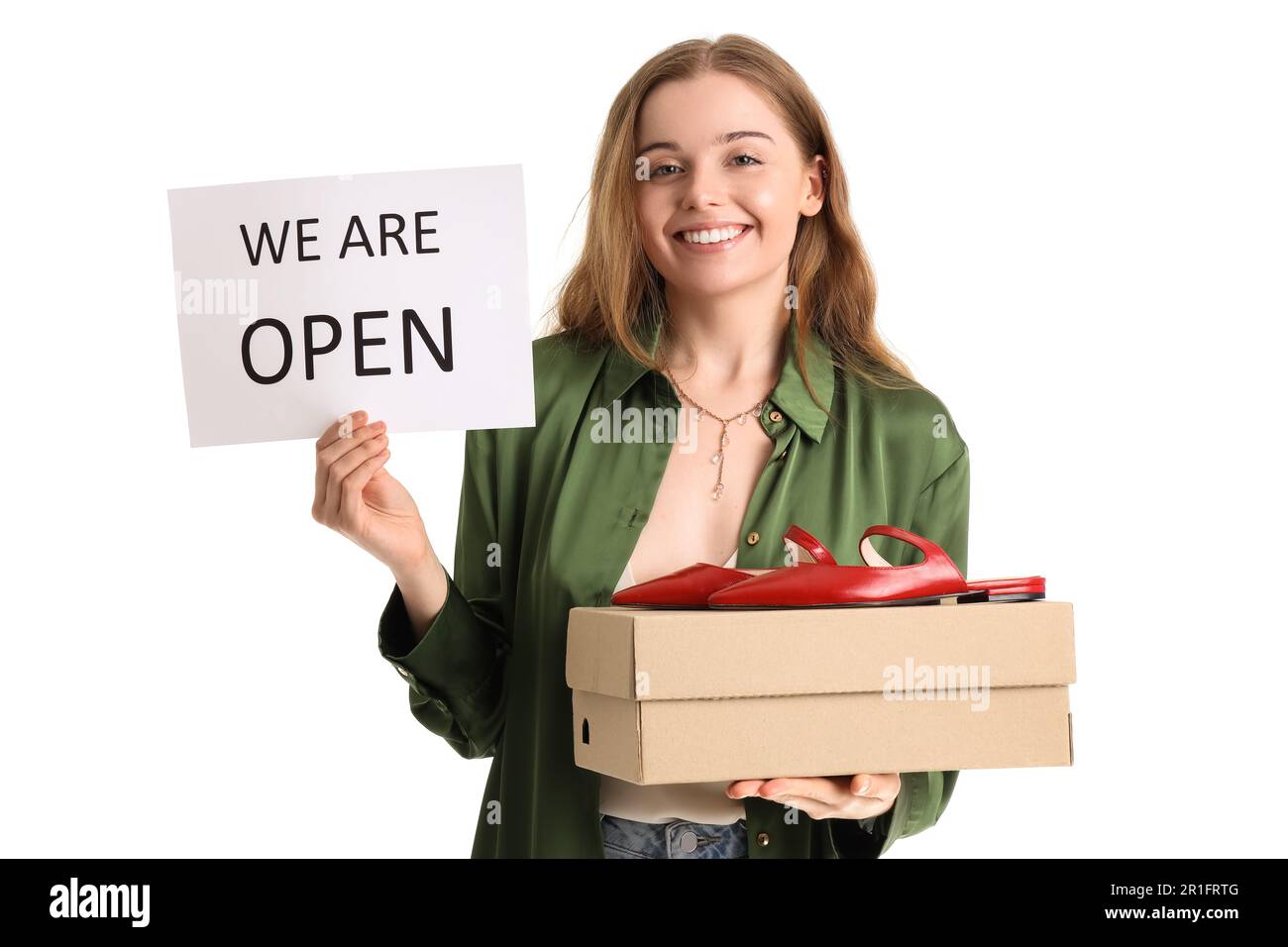 Young woman with opening sign shoe box on white background Stock Photo ...