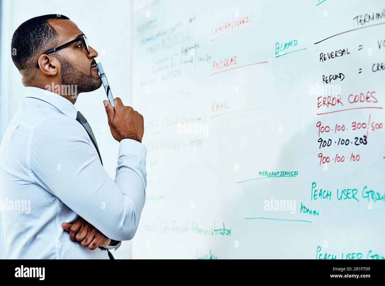 Thinking, planning and business man on whiteboard brainstorming, ideas ...