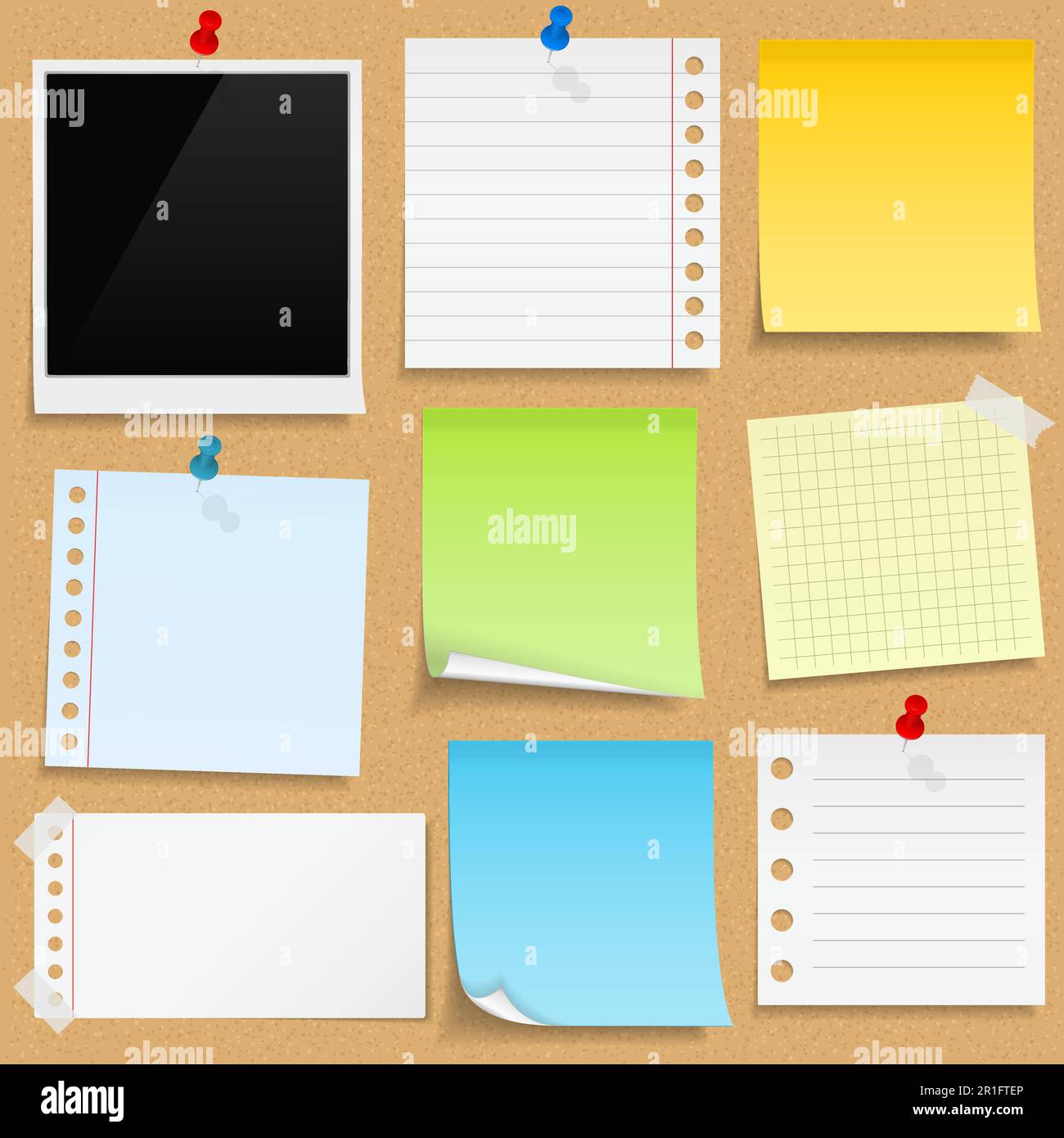 Paper notes, sticky papers an photo frames on bulletin board, vector ...