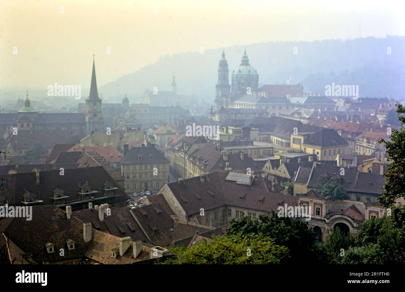 Aerial view of rooftops and churches in Prague Czechoslovakia (current ...