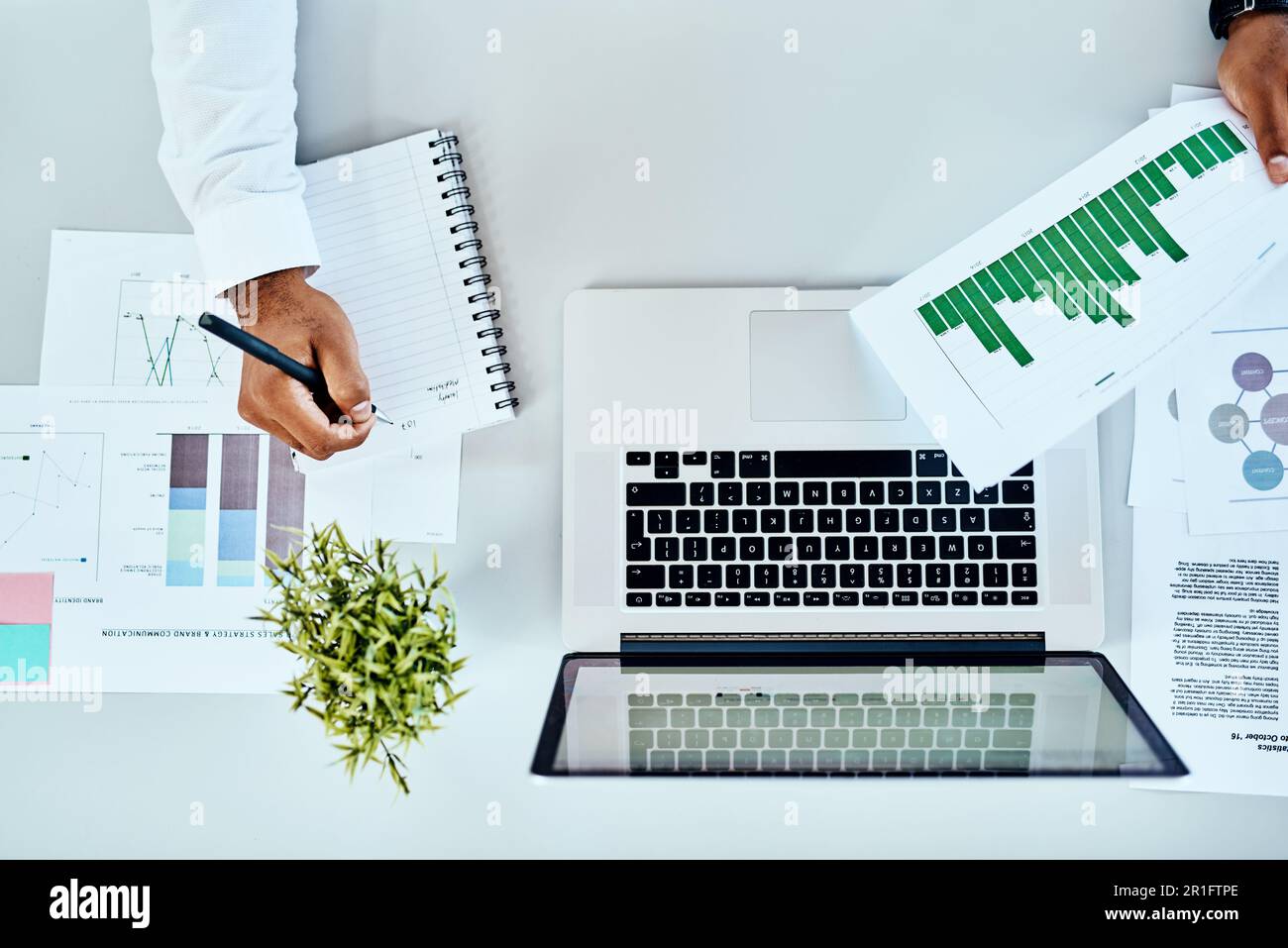 Man hands, documents and notebook writing, data analysis and website ...