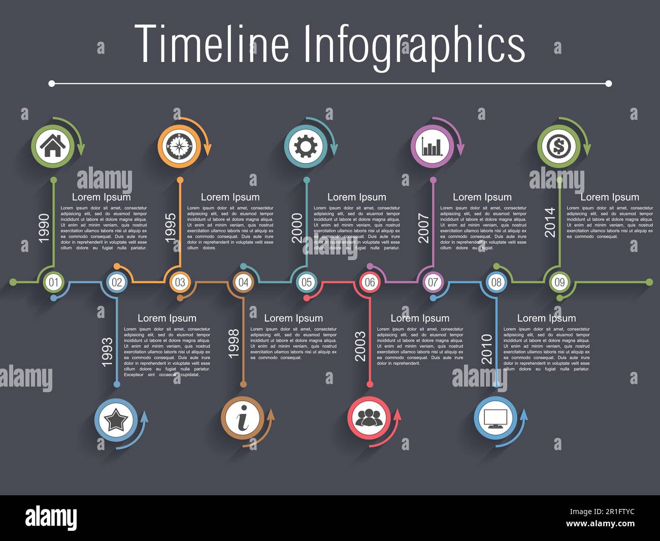 Timeline infographics design template with nine elements, vector eps10 ...