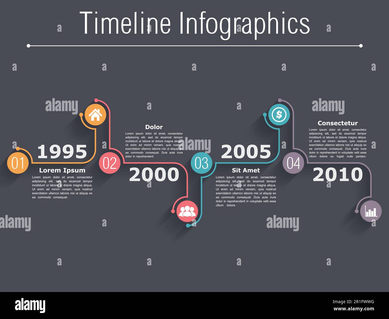 Timeline infographics design template with numbers, icons, dates and ...