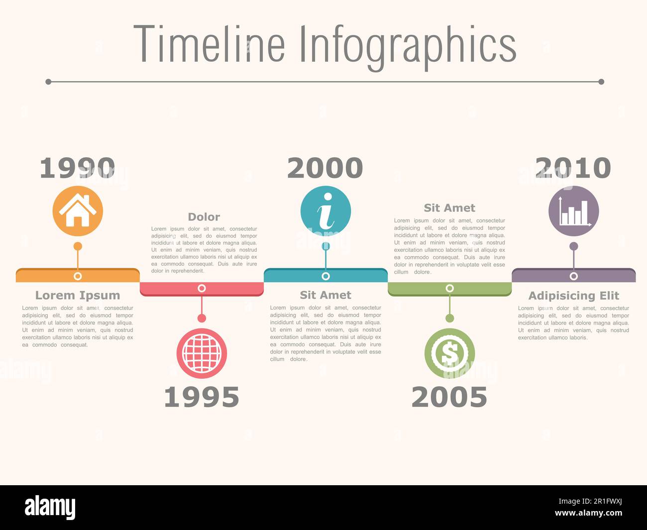 Timeline infographics design template with dates, icons and text ...
