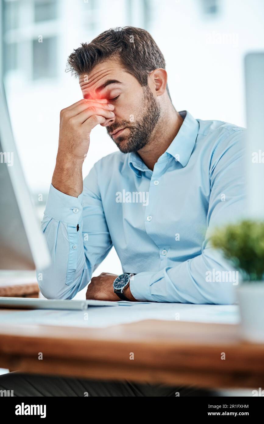 Business man, headache and stress, pain or fatigue in office while ...