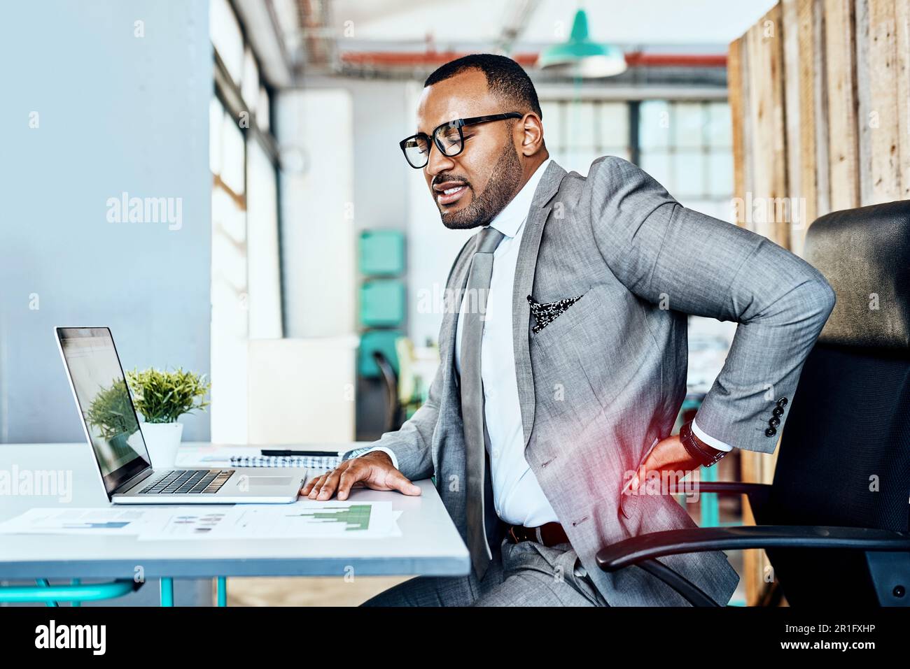 Business man, back pain and burnout with red overlay, bad posture and ...