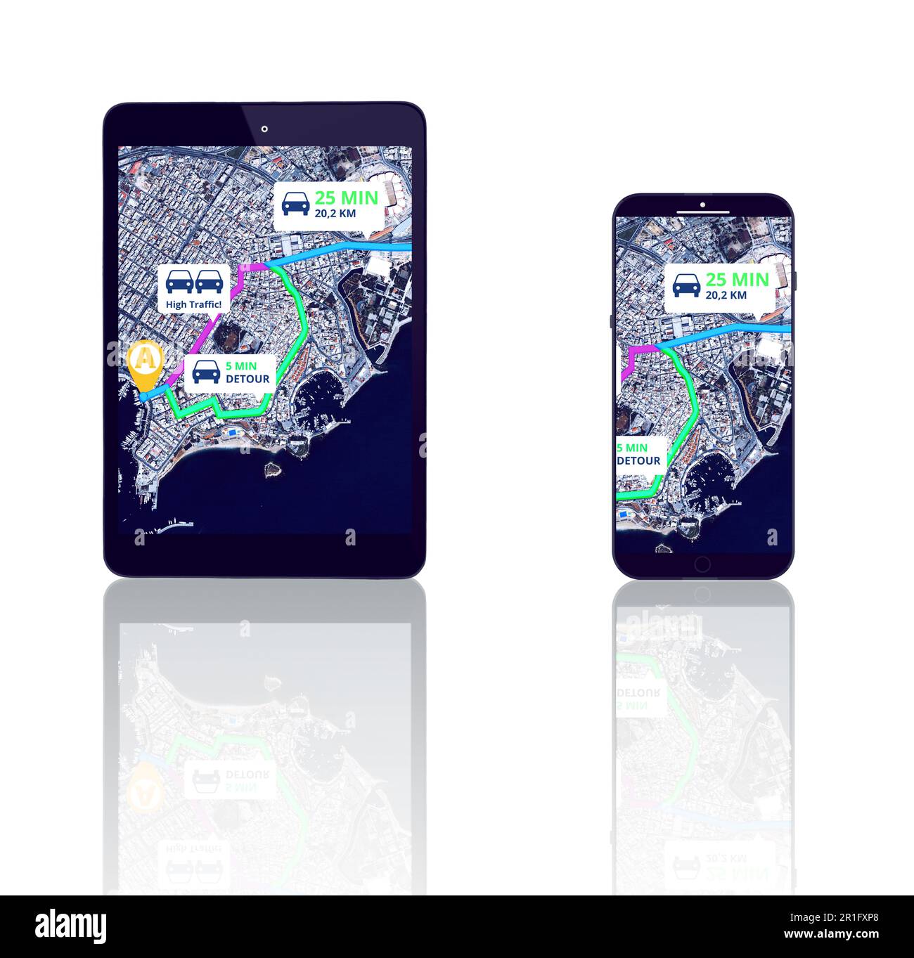 Tablet, mobile app or street location to travel on city road maps or ...