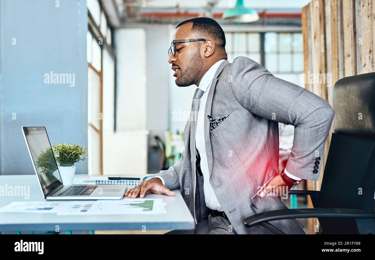 Business man, back pain and stress with red overlay, bad posture and ...