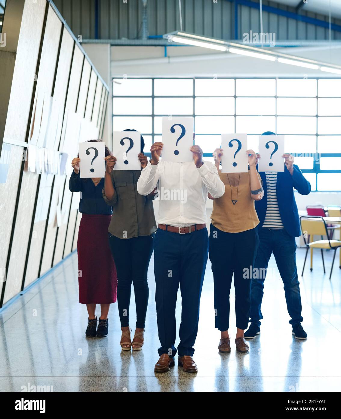 Business, team and group with question mark, poster and ideas with ...