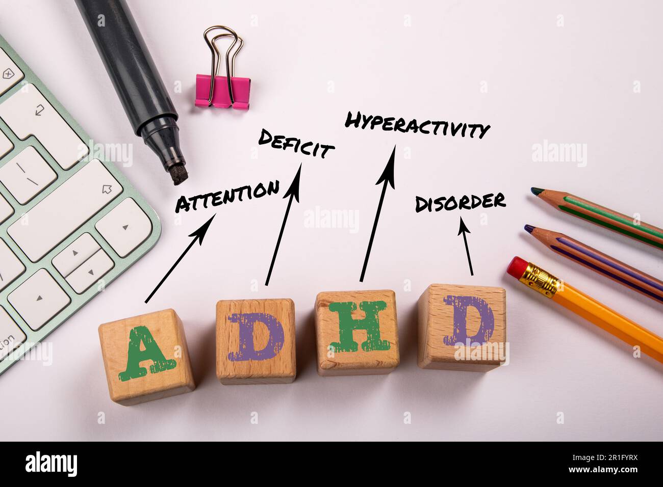 ADHD - Attention Deficit Hyperactivity Disorder. Wooden blocks on a ...