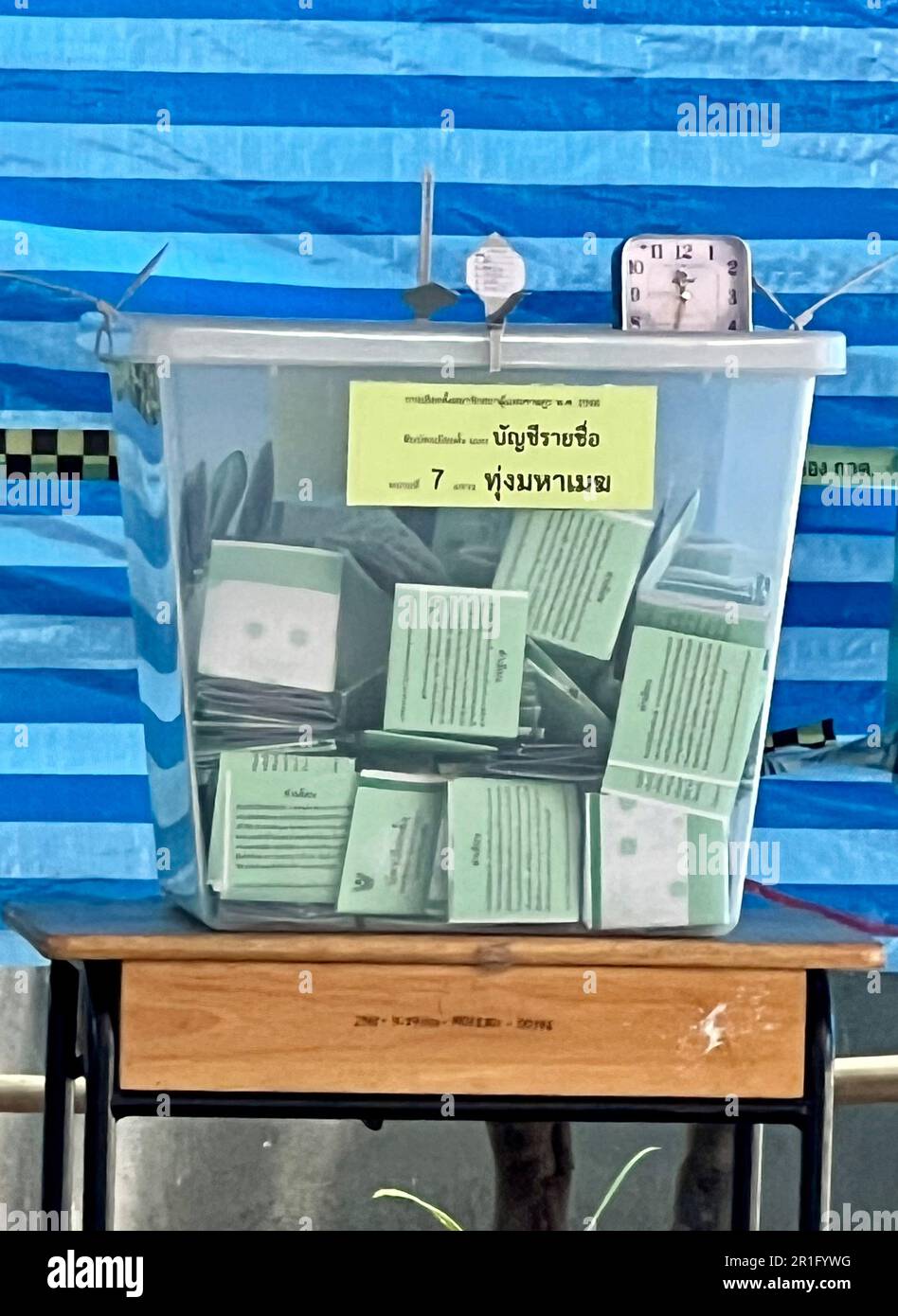 Bangkok, Thailand. 14th May, 2023. A ballot box stands at a polling ...