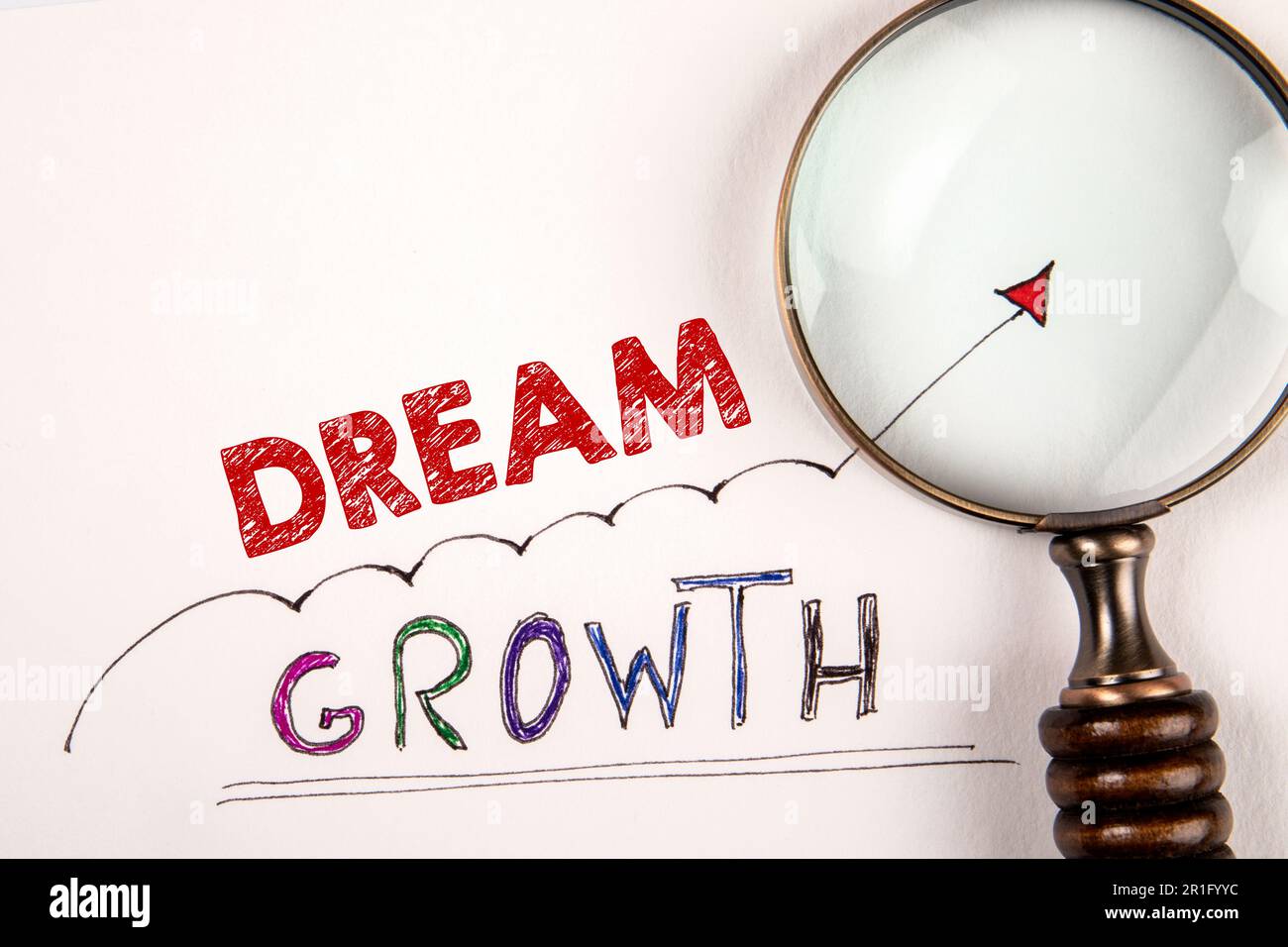 Dream Growth Concept. Growing curve, text and magnifying glass on white ...